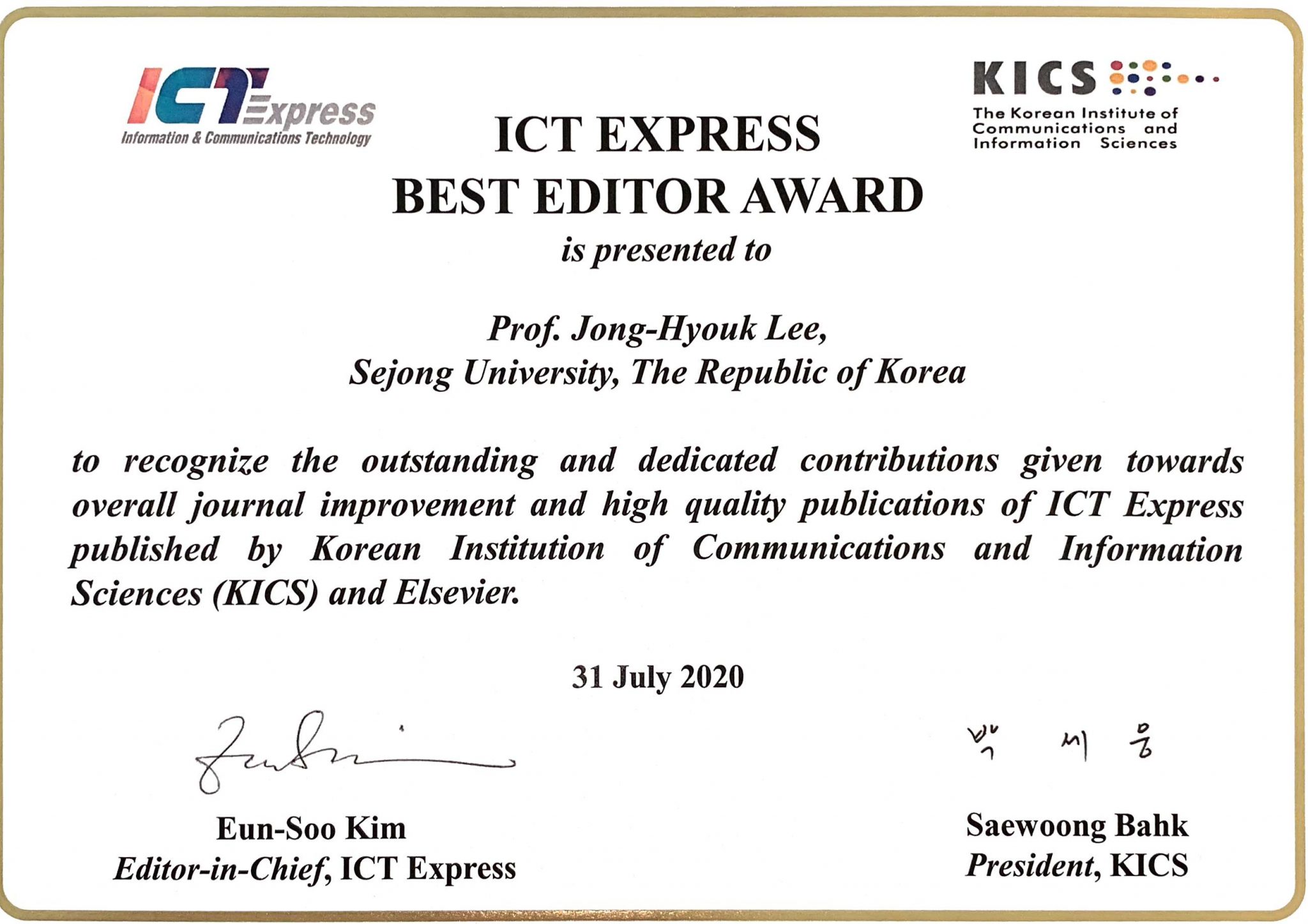 이종혁 교수님 ICT Express Best Editor Award 2020 수상 – Protocol Engineering Lab. – 세종대학교 프로토콜공학연구실